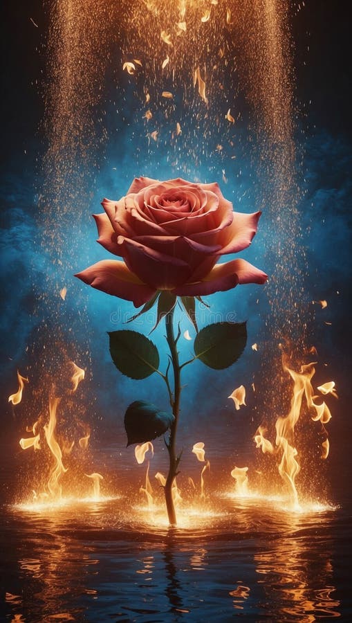 A Rose in a Cascading Waterfall of Fiery Sparks Glowing Brightly Stock ...