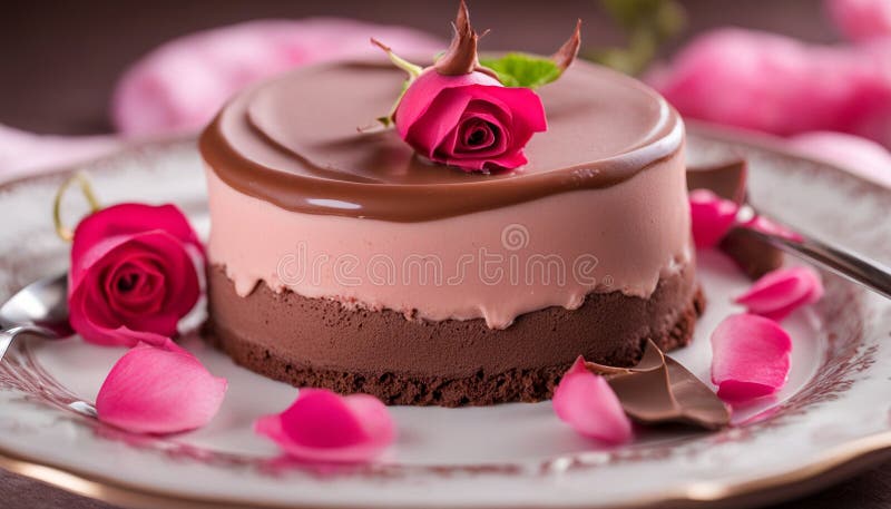 Rose Chocolate Mousse Cake on a Beautiful Plate Closeup Cream Stock ...