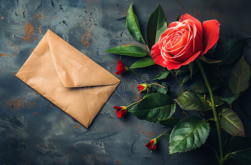 Rose and Envelope on Table stock photo. Image of simple - 310276868