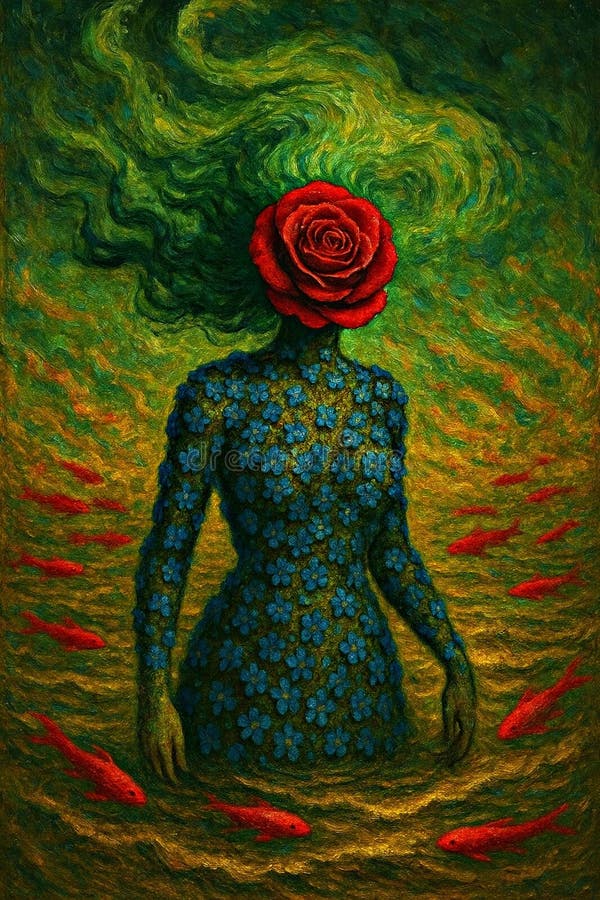 Rose-Faced Woman in the Yellow River Stock Illustration - Illustration of flower, green: 388186756