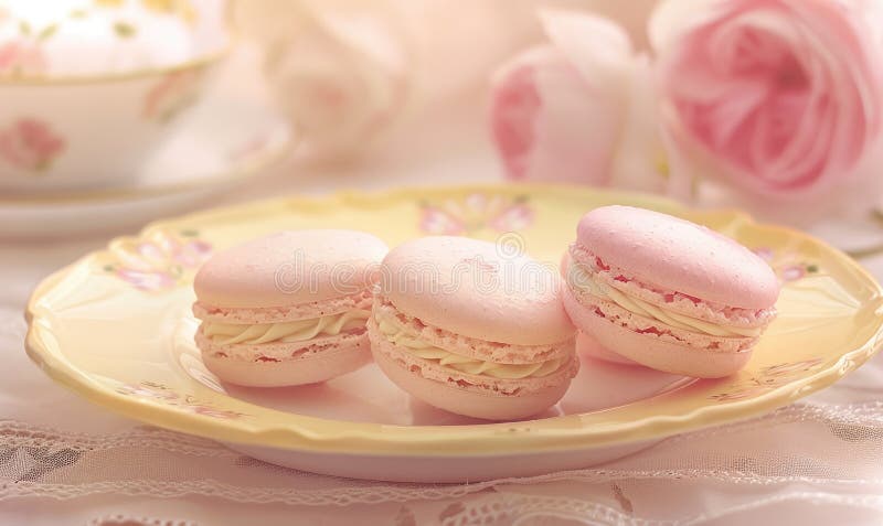 Rose-flavored Macarons on a Pastel Yellow Plate Stock Photo - Image of ...