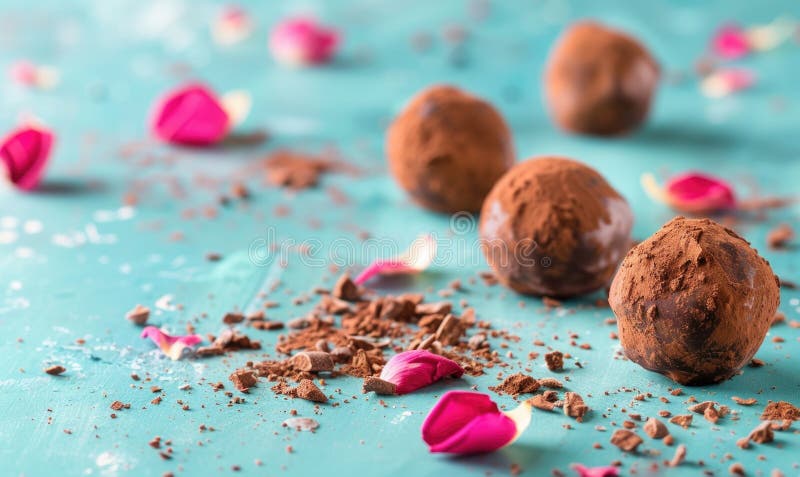 Rose-flavored Truffles with Cocoa Coating on a Light Blue Background ...