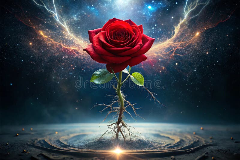 Rose Floating in Zero Gravity with Glowing Roots - AI-Generated Fantasy ...