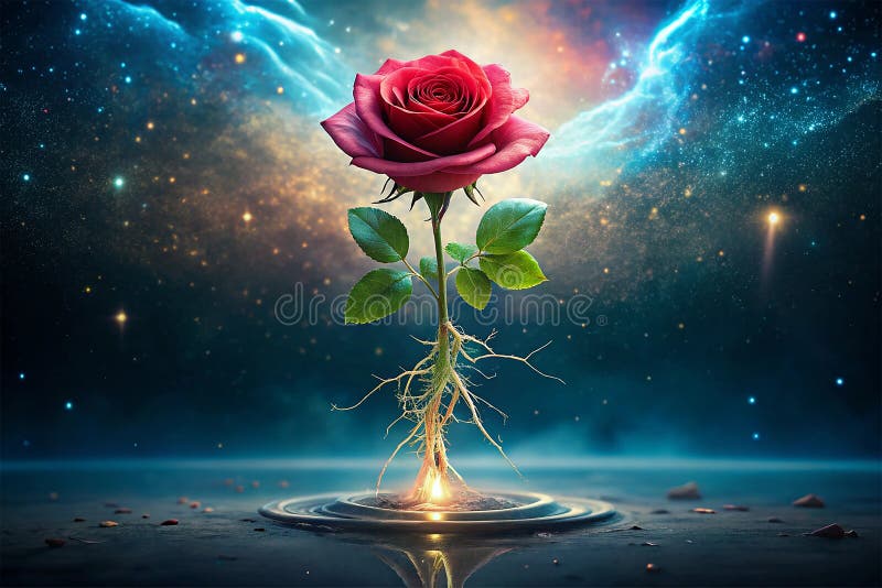 Rose Floating in Zero Gravity with Glowing Roots - AI-Generated Fantasy ...