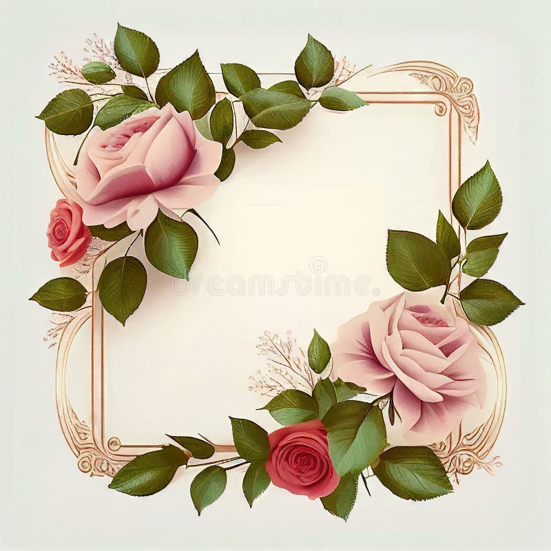 Rose Flower with Leaves Frame Generative AI Stock Illustration ...