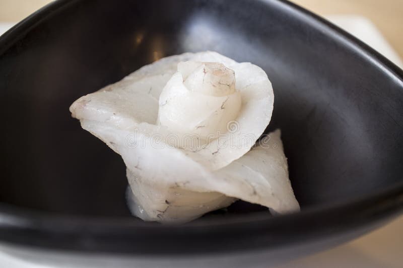 Rose Flower Shaped Cod Sashimi Sushi Over Black Bowl Stock Photo ...