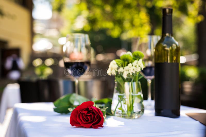 Rose Flower with Wine at Table in Restaurant Stock Photo - Image of ...