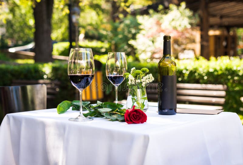 Rose Flower with Wine at Table in Restaurant Stock Photo - Image of ...