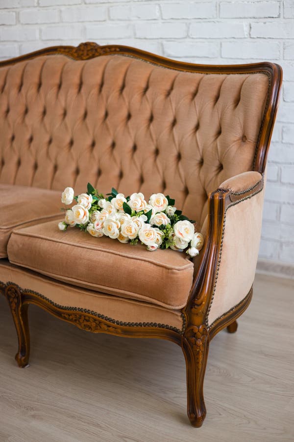 Rose Flowers on Beige Vintage Sofa Stock Image - Image of decor, design ...