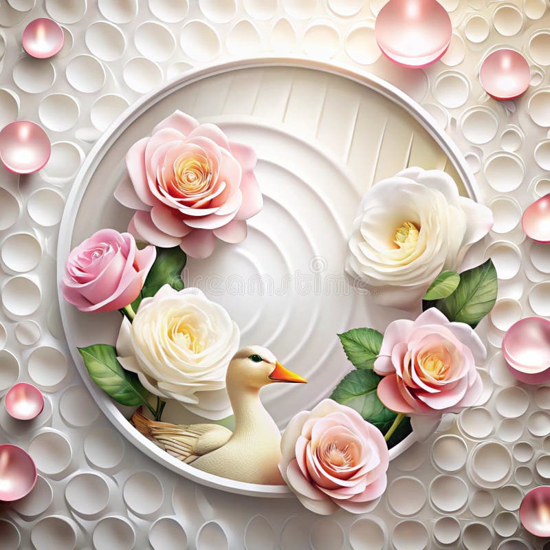 Rose Flowers on 3D White Circle Background with Duck Wallpaper Stock ...