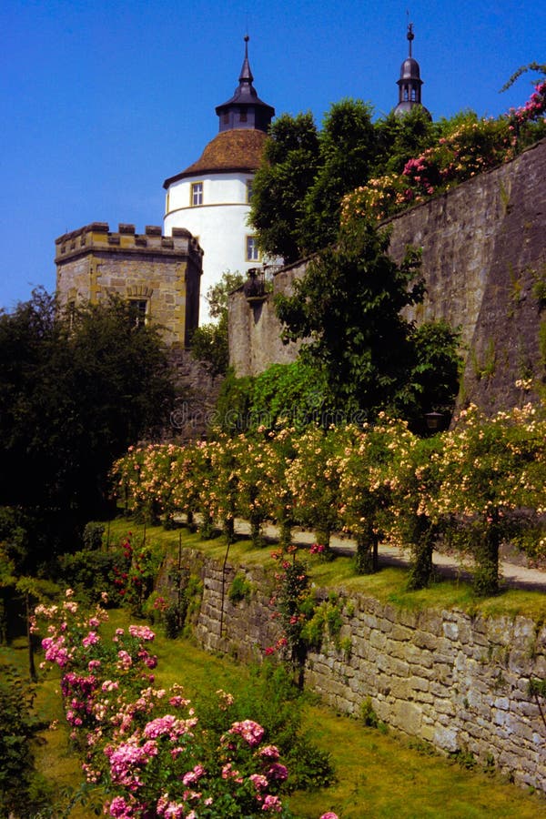 Rose Garden with Bright Blue Sky and Turreted Castle in Germany Stock ...