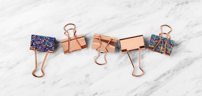 Rose Gold Binder Paper Clips Marble Table Background Stock Photos ...