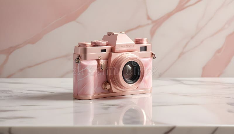 A Rose Gold Camera with a Marble Pattern, Sitting on a Marble Surface ...