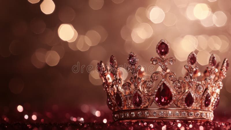 Rose Gold Crown with Ruby Gems on Sparkling Background a Background ...