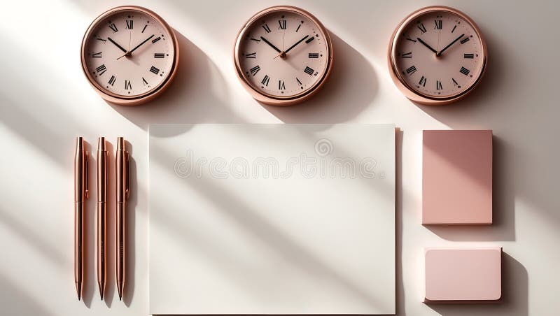 Rose Gold Desk Setup with Clocks and Stationery for a Productive ...