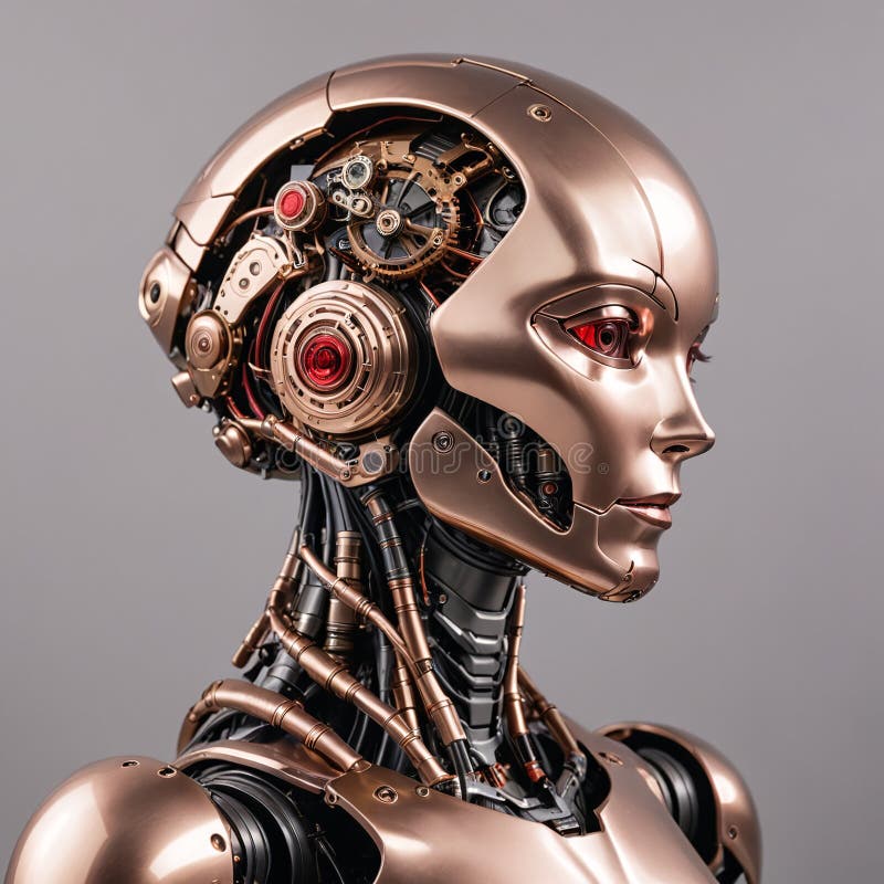 Rose Gold Futuristic Robot Complex Metallic Design with Glowing Red ...