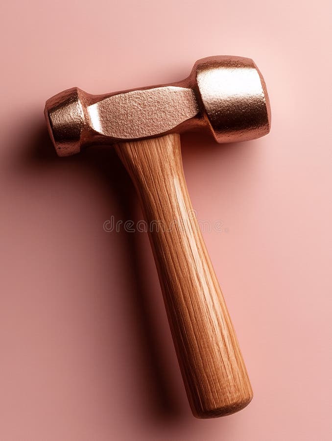 Rose Gold Hammer with an Oak Handle, Isolated on a Pink Background ...