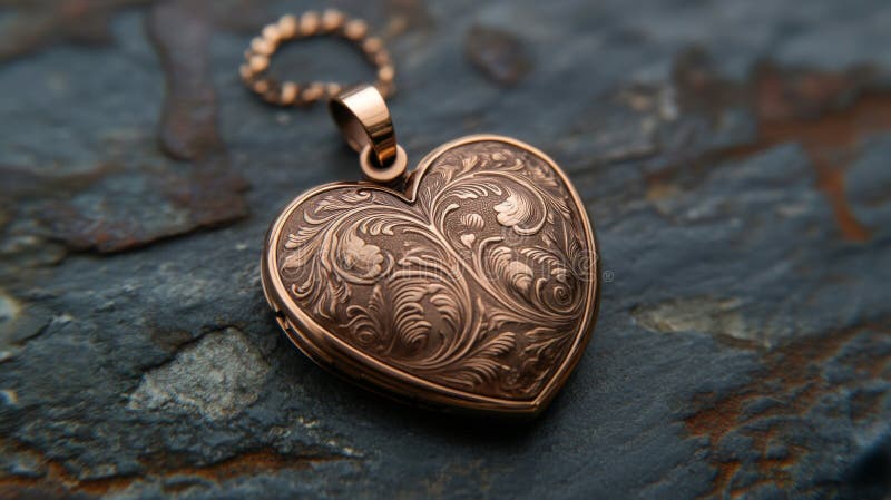 Rose Gold Heart Locket with Floral Pattern on Dark Stone Background ...