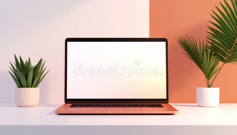 Rose Gold Laptop on White Desk with Plants Stock Illustration ...