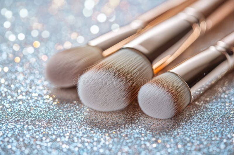 Rose Gold Makeup Brushes are Displayed on a Sparkling Silver Background ...