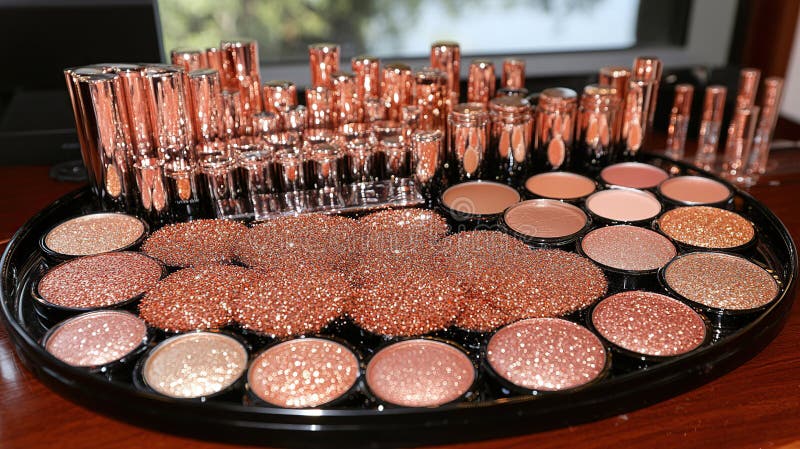 Rose Gold Makeup Collection, Various Shades of Eyeshadow, Lipstick, and ...