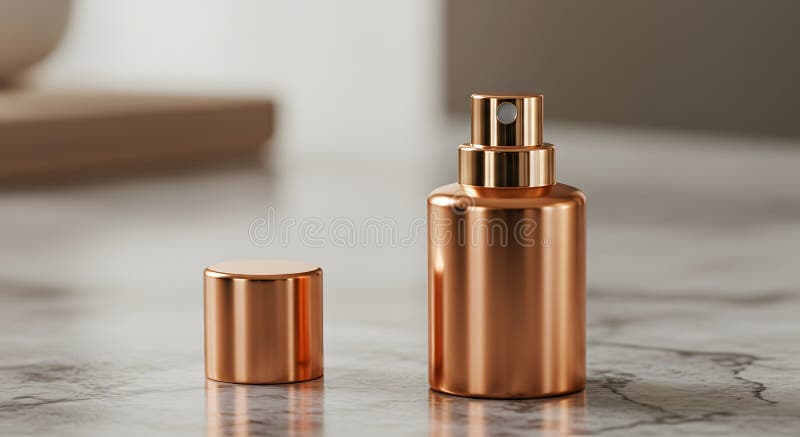 Rose Gold Perfume Bottle with Cap on Marble Surface Stock Illustration ...