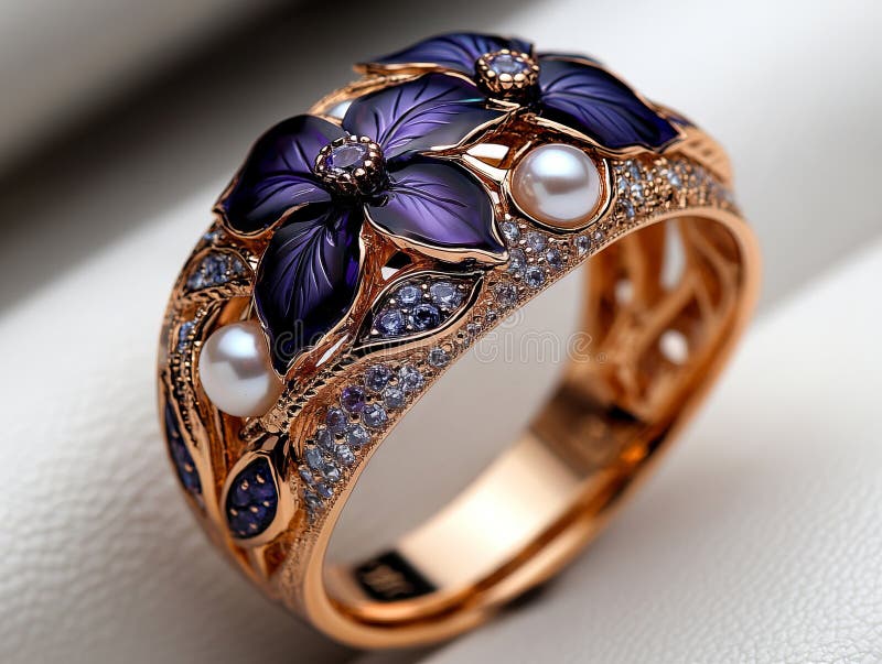 A Rose Gold Ring with Purple Flowers and Pearls Stock Image - Image of ...