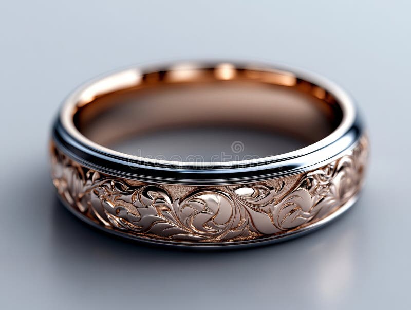 A Rose Gold Wedding Ring with a Floral Design on it Stock Photo - Image ...
