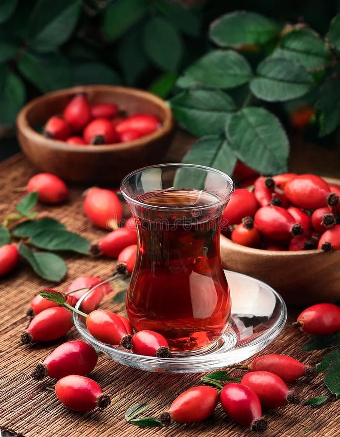 Rose Hip Tea and Fresh Rose Hips Stock Illustration - Illustration of ...