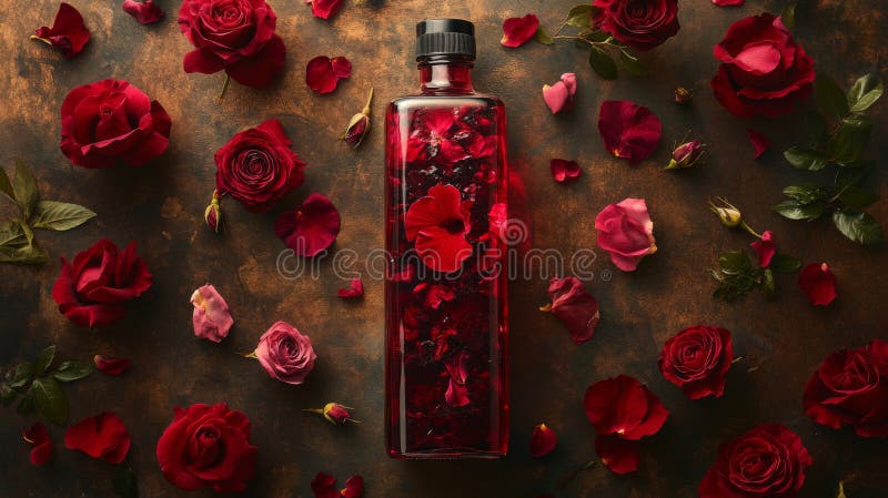 Rose-infused Oil with Red Rose Petals and Buds Stock Illustration ...