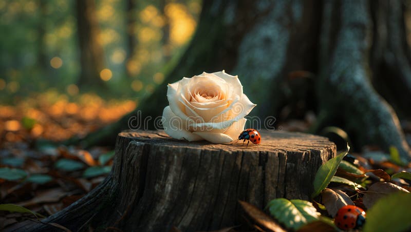 Creamy White Rose and Ladybugs on Tree Stump in Autumn Forest Stock ...