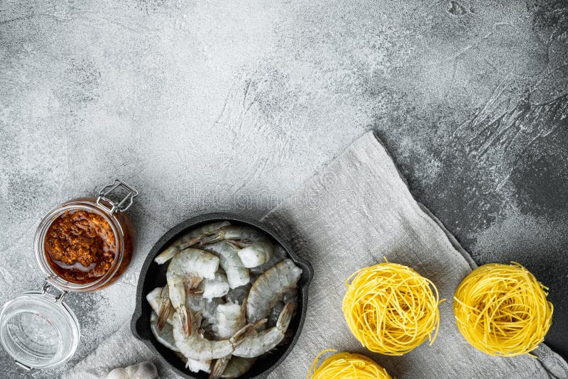 Rose Pesto Prawn Pasta Ingredients, on Gray Stone Background, Top View ...
