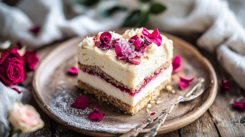 Rose Petal Decorated Creamy Layered Cake Slice Stock Illustration ...