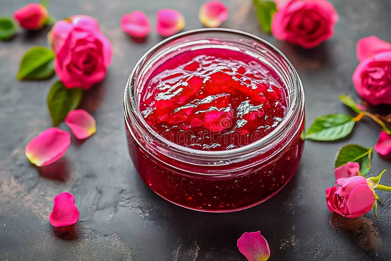 Rose Petal Jam in a Glass Jar on a Neutral Grey Kitchen Table Stock ...