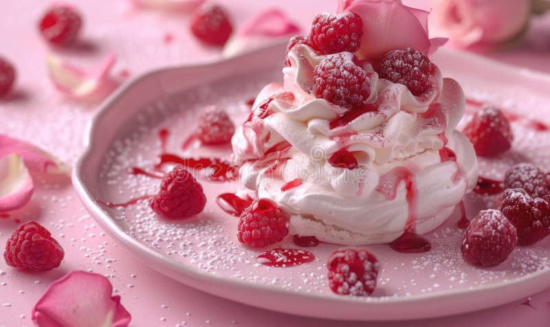 Rose Petal Pavlova with Raspberry Sauce on a Pastel Pink Plate Stock ...