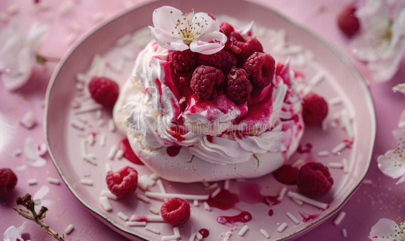 Rose Petal Pavlova with Raspberry Sauce on a Pastel Pink Plate Stock ...