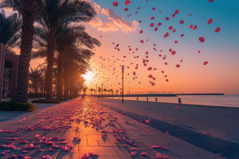 Rose Petals Falling on Dubai Sidewalk during Sunset Stock Photo - Image ...