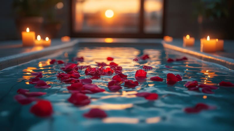 Rose Petals Floating in a Pool at Sunset with Candles Stock ...
