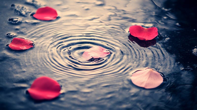 Rose Petals Floating on Water Surface with Ripple Effect in a Moody ...