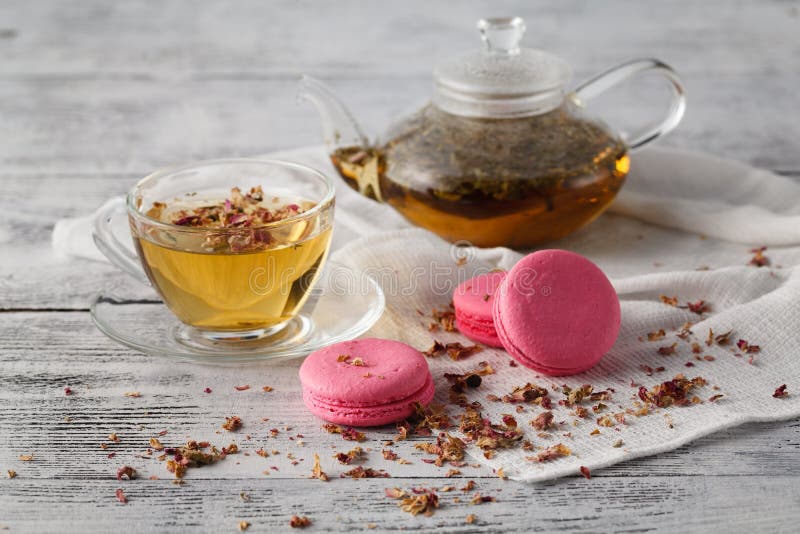 Rose Petals and Pink Macaroons. Breakfast Concept Stock Image - Image ...