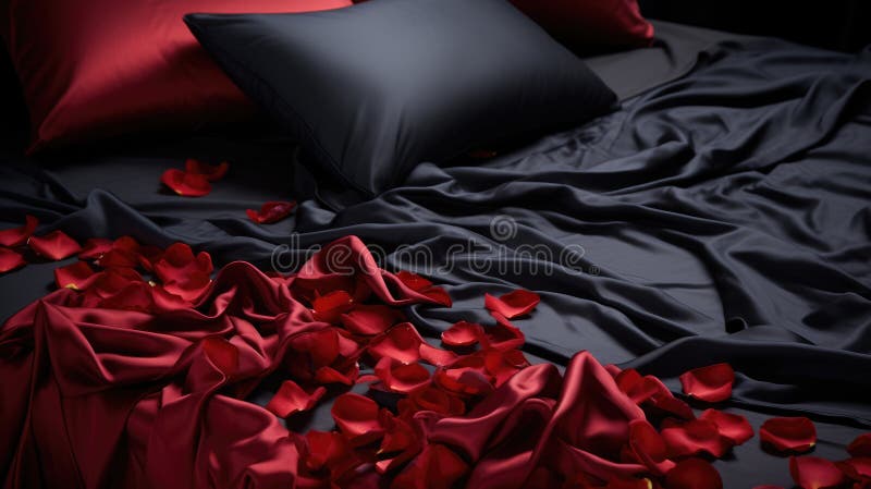 Rose Rose Petals Scattered Over Black Silk Satin Bed Sheets. Romantic ...