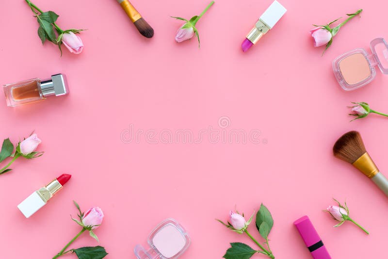 Rose, Pink Decorative Cosmetics Frame. Lipstick, Bulk, Eyeshadow and ...