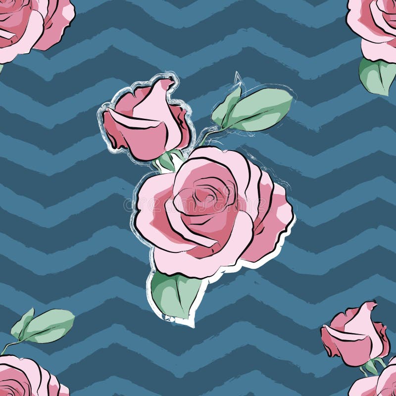 Rose Pink Flower Hand Drawn Wave Strips Pattern Stock Vector ...