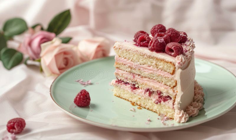Rose and Raspberry Cake with Rose Frosting on a Pastel Green Plate ...