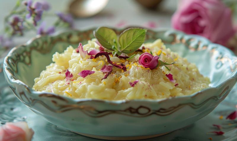 Rose and Saffron Rice Pudding on a Pastel Green Plate Stock Photo ...