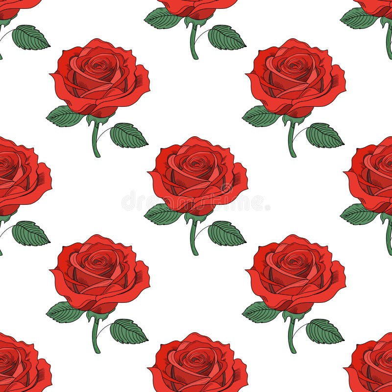 Seamless Pattern of Red Roses with Green Leaves Stock Vector ...