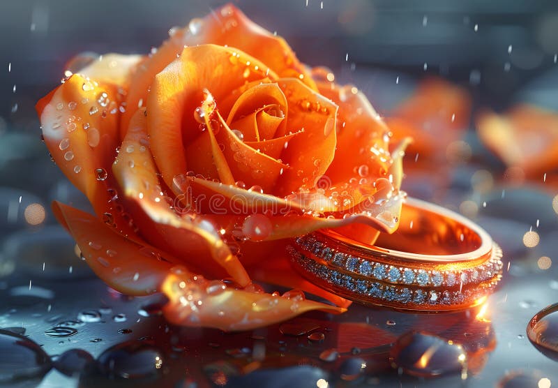 Orange Rose & Diamond Rings, 3D Render Stock Illustration ...