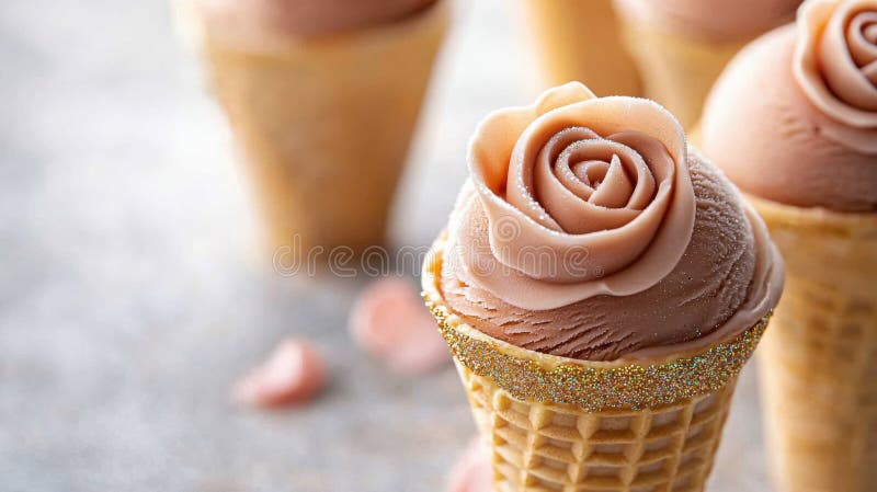 Rose Shaped Ice Cream in Waffle Cones with Glitter Accents. Generative ...