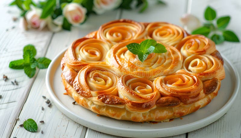 Rose Shaped Pastry with Apple Filling on Plate Stock Image - Image of ...