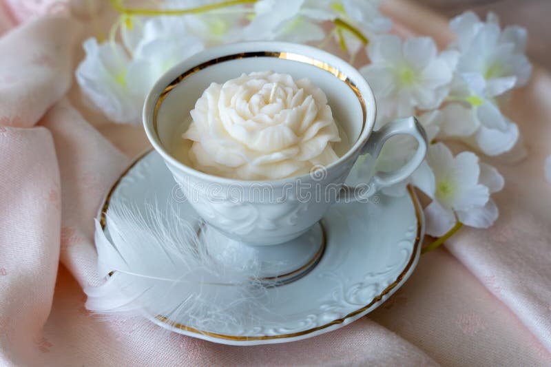Rose Shaped White Soy Wax Candle in Tea Cup Stock Photo - Image of ...